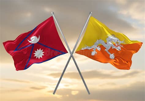 Nepal And Bhutan Flags Waving Together Against A Clear Blue Sky Stock