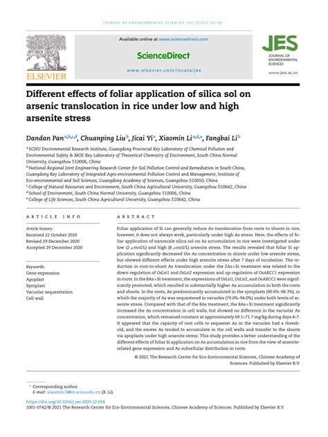 Pdf Different Effects Of Foliar Application Of Silica Sol On Arsenic