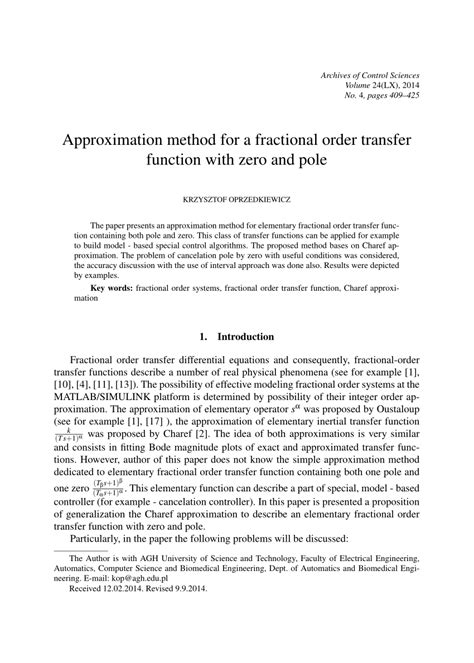 Pdf Approximation Method For A Fractional Order Transfer Function With Zero And Pole