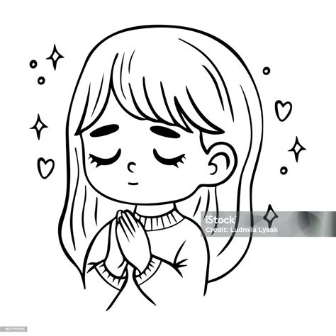 초상화 긴 머리 와 기도하는 어린 소녀 와 벡터 일러스트 레이 션입니다 선형 손 그리기 색칠 공부 종교 신자 아동 캐릭터 개념입니다 키즈 컬렉션 기도하기에 대한 스톡 벡터