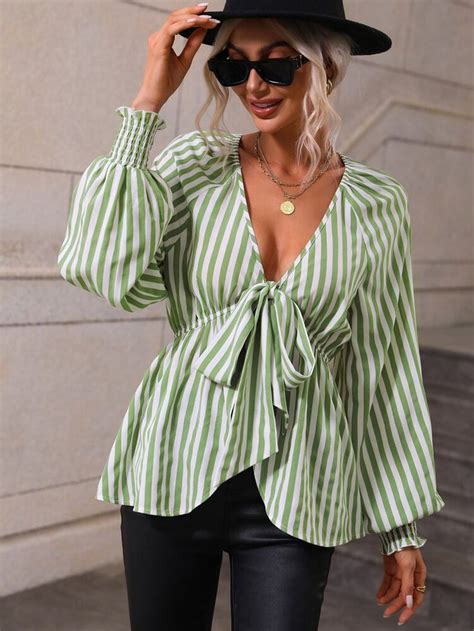 Striped Lantern Sleeve Knot Front Peplum Blouse Peplum Blouse Afro