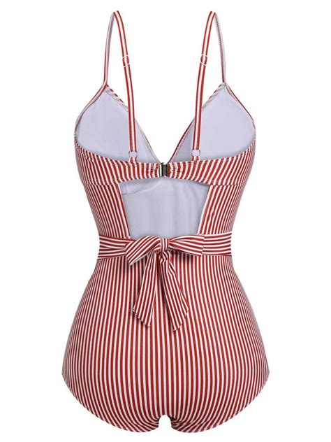 Red 1940s Spaghetti Strap Stripes One Piece Swimsuit Retro Stage