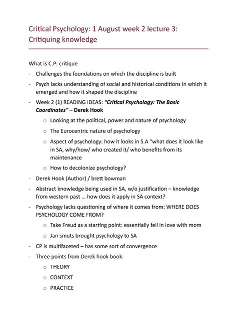 Critical Psychology Lecture Notes Critical Psychology 1 August Week