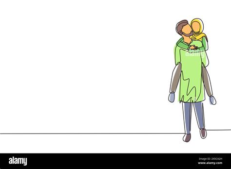 Single One Line Drawing Arabian Man Carrying And Embracing Woman Happy