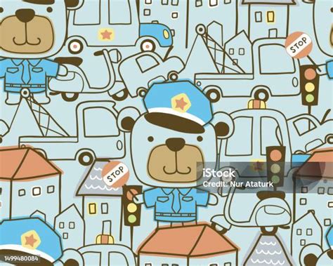 도시 교통 요소가 있는 교통 경찰 유니폼을 입은 귀여운 곰 만화의 매끄러운 패턴 벡터 거리에 대한 스톡 벡터 아트 및 기타 이미지 거리 건축물 견인차 Istock