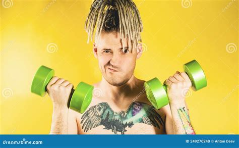 Naked Strong Man Lifting Dumbbells Training Muscles Determined Active