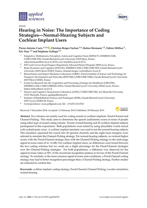 PDF Hearing In Noise The Importance Of Coding StrategiesNormal Hearing Subjects And Cochlear