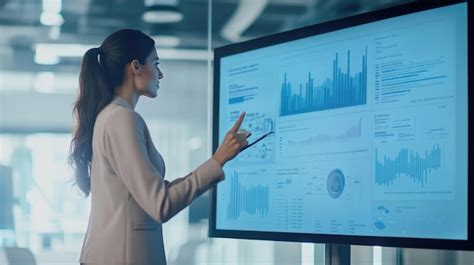 Woman Analyzing Data On A Large Interactive Screen In A Modern Office