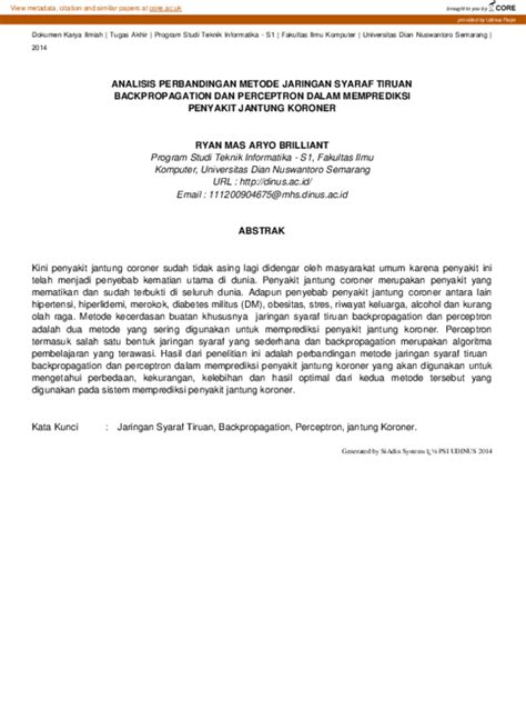 Pdf Analisis Perbandingan Metode Jaringan Syaraf Tiruan Backpropagation Dan Perceptron Dalam
