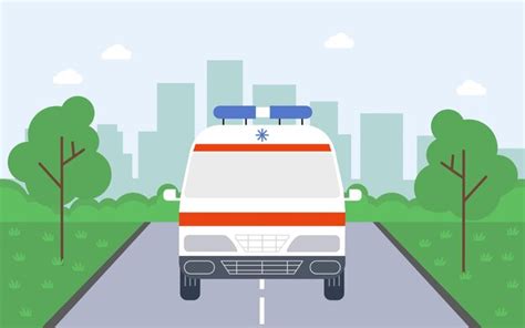 도시 평면 벡터 일러스트 레이 션에 전면 직면 구급차 프리미엄 벡터