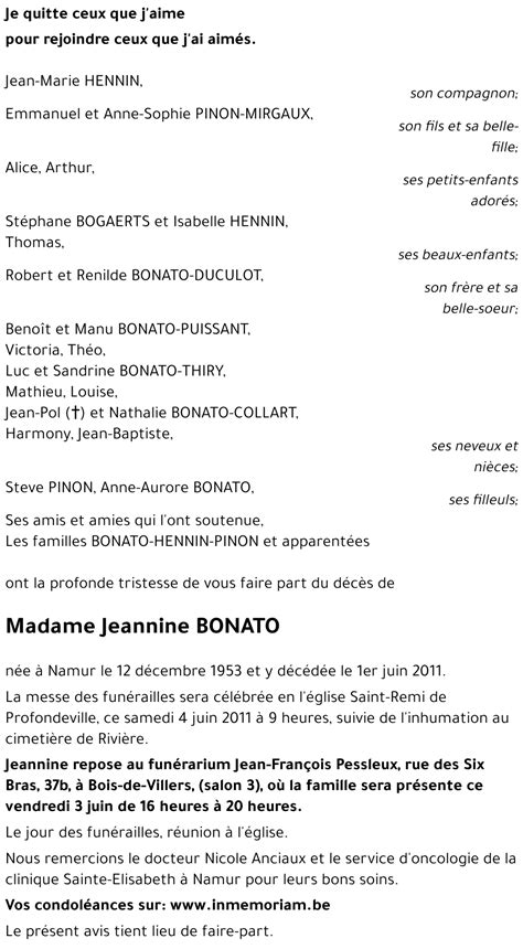 Avis De Décès De Jeannine Bonato Décédé Le 01 06 2011 à Namur Annonce