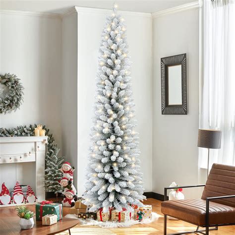 6 Ft Pre Lit Pencil Flocked Christmas Tree Slim Spruce Holiday