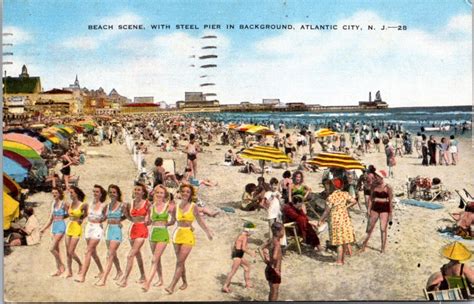 1950s Bikini Atlantic City Beach Scene Steel Pier New Jersey Linen