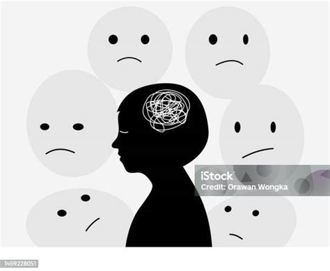 소년의 실루엣은 낙인과 함께 스트레스와 슬픈 감정을 얻습니다 어린이 정신 건강 개념 평면 벡터 그림입니다 배너와 포스터를 위한 디자인 우울함에 대한 스톡 벡터 아트 및 기타