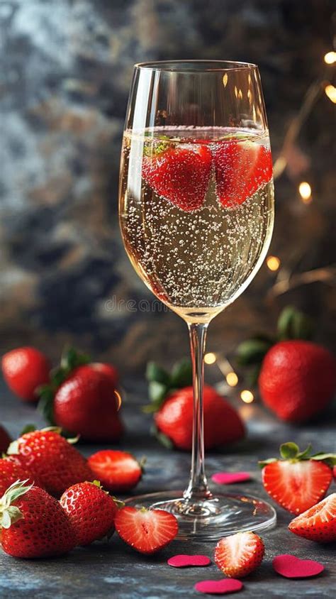 A Glass Of Sparkling Wine With Strawberries Styled For Valentine Day