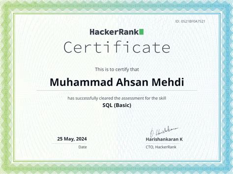Muhammad Ahsan Mehdi On Linkedin Sql Hackerrank Certificate Mysql