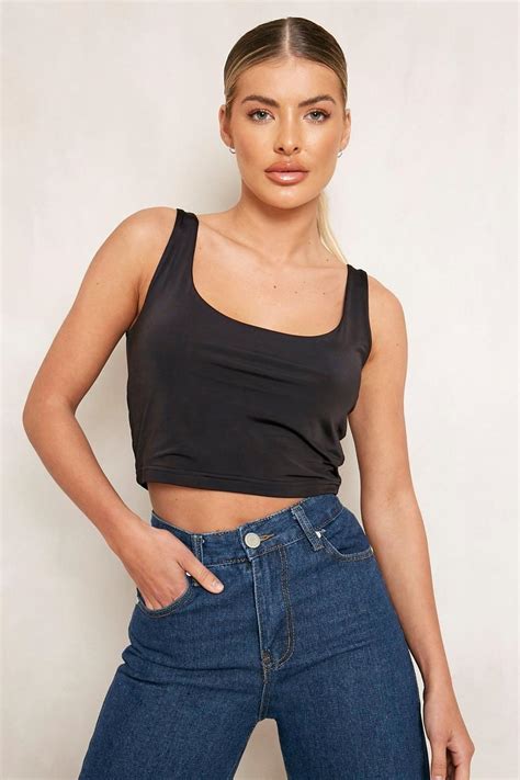 Black Double Layer Slinky Racer Scoop Neck Crop Boohoo Uk