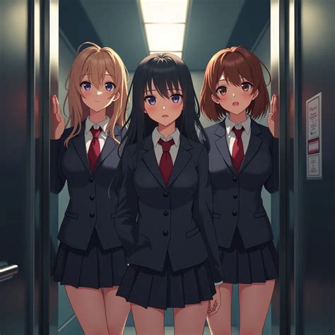 A Group Of Sexy Schoolgirls Entering An Elevator Low Angle Realistic