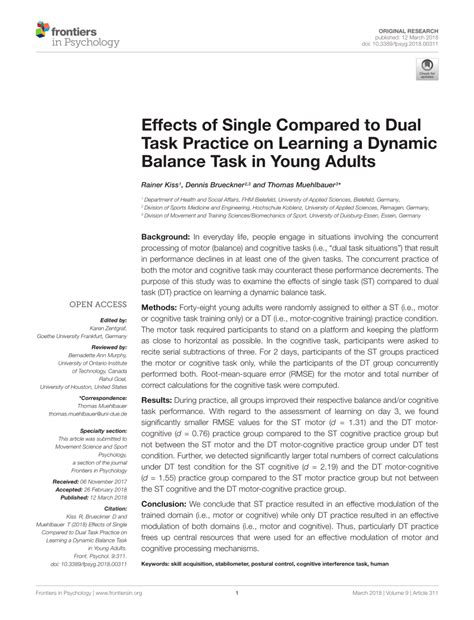 Pdf Effects Of Single Compared To Dual Task Practice On Learning A Dynamic Balance Task In
