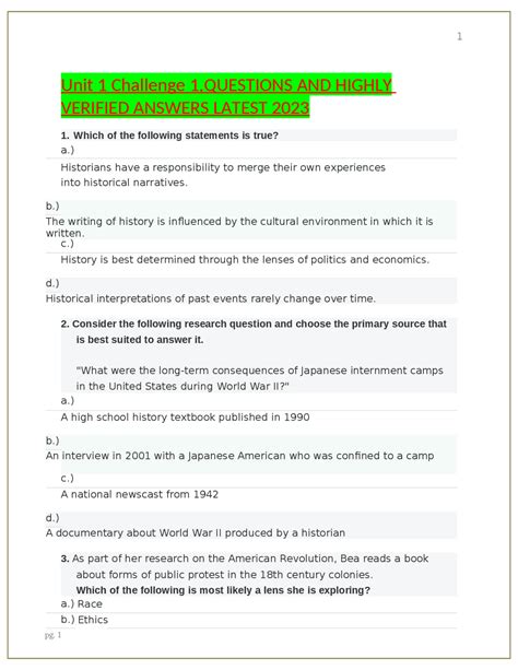 Unit 1 Challenge 1questions And Highly Verified Answers Latest 2023