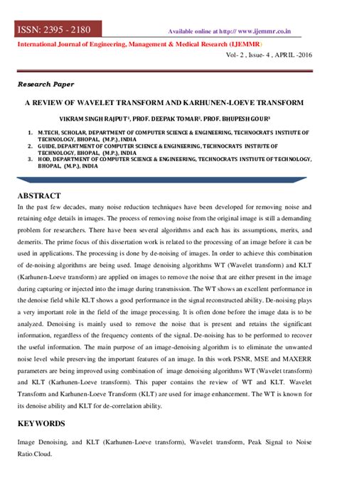 Pdf A Review Of Wavelet Transform And Karhunen Loeve Transform