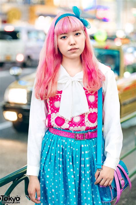 Pink Haired Harajuku Girl In Tri Color Fashion Style W Candy Stripper
