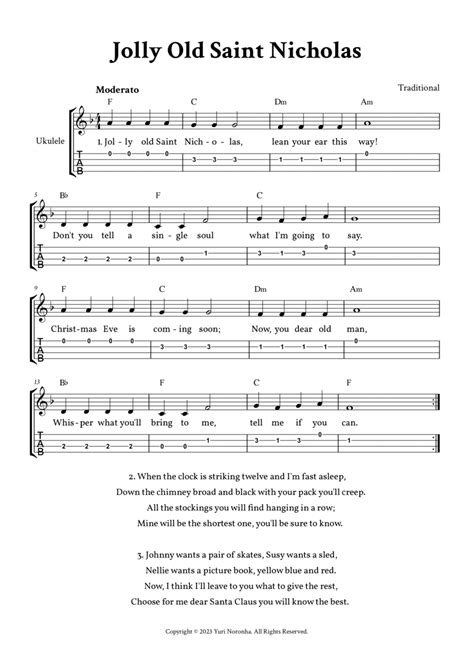 Jolly Old Saint Nicholas For Ukulele F Major With Tab Chords And