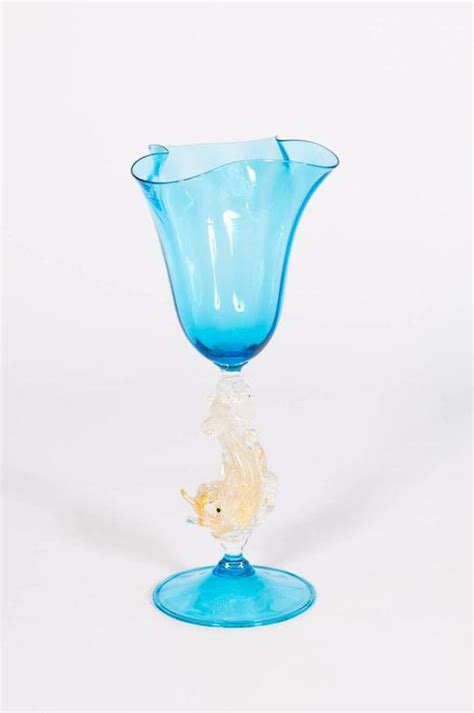 Italian Venetian Handblown Goblet In Murano Glass In Light Blue And