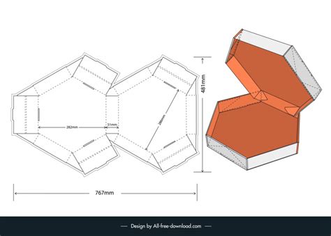 Hexagonal Self Assembly Packaging Template Flat Die Cut 3d Box Outline