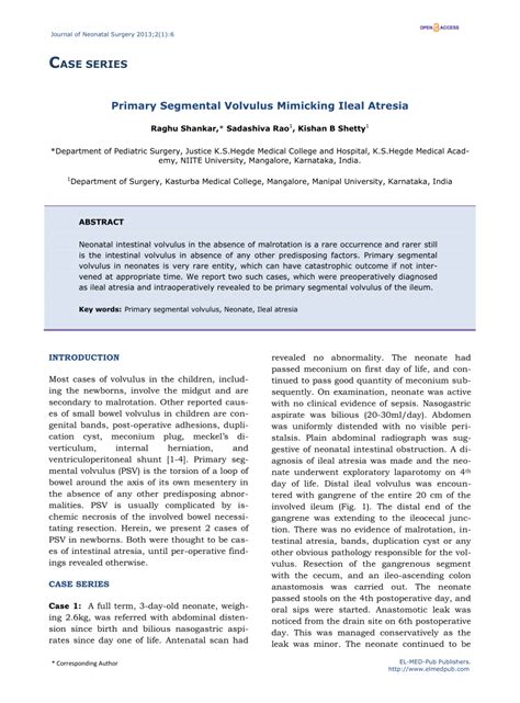 Pdf Primary Segmental Volvulus Mimicking Ileal Atresia