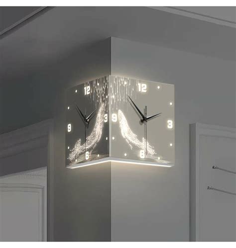 크림 스타일 코너 양면 벽시계 홈 간단한 코너 시계 벽 교수형 크리 에이 티브 펀치없는 Led 벽 램프 시계 티몬