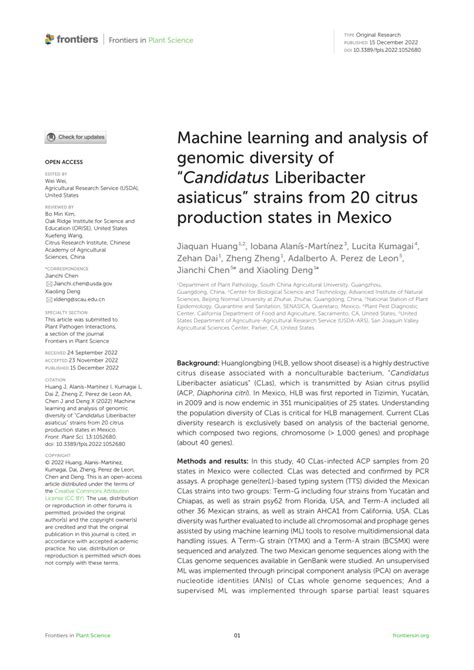 Pdf Machine Learning And Analysis Of Genomic Diversity Of “candidatus Liberibacter Asiaticus