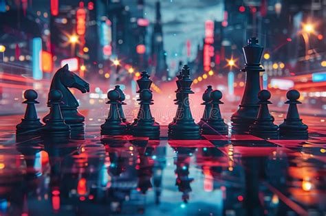 Chess Match Against Futuristic Cityscape Representing Strategic