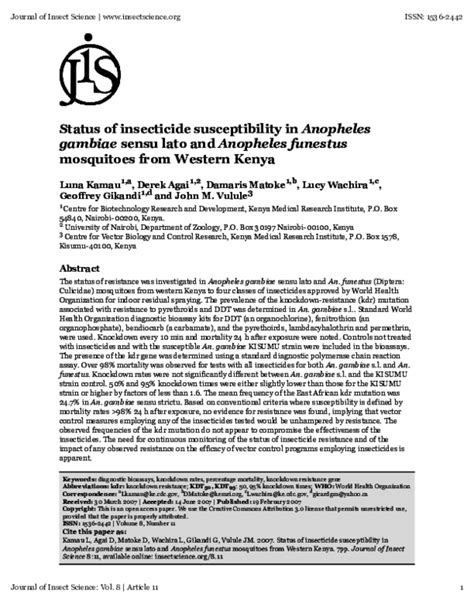 Pdf Status Of Insecticide Susceptibility In Anopheles Gambiae Sensu