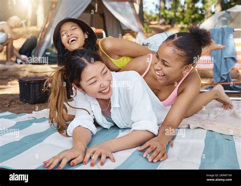 Group Women Friends And Woods For Camping Funny And Laying On Blanket