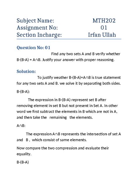 Subject Name Mth 202 Its Very Useful Notes Subject Name MTH Assignment No 01 Section