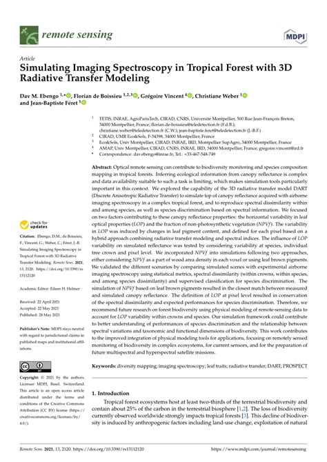 Pdf Simulating Imaging Spectroscopy In Tropical Forest With 3d Radiative Transfer Modeling