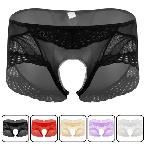 Sexy Floral Lace Mens Boxer High Waisted Open Crotch See Though Sheer