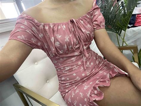 Off Shoulder Ruffle Hem Ruched Ditsy Floral Print Dress