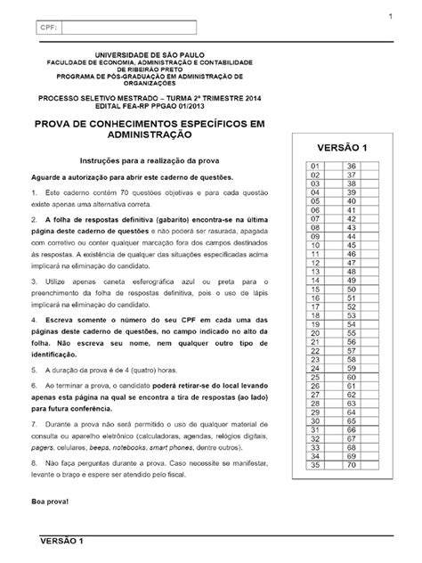 Prova De Conhecimentos EspecÍficos Em AdministraÇÃo VersÃo 1 VersÃo 1