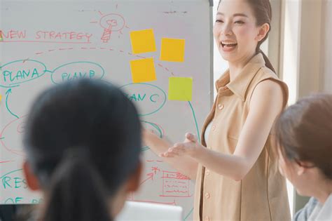 스마트 아시아 비즈니스 여성 리더는 현대 Desogn 사무실에서 팀워크 동료들과 캐주얼 한 회의에서 판매 전략 계획 및 데이터