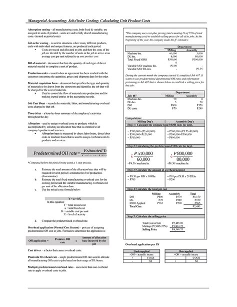 Job Costing Lecture Notes 2 Managerial Accounting Job Order Costing Calculating Unit