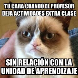 Meme Grumpy Cat TU CARA CUANDO EL PROFESOR DEJA ACTIVIDADES EXTRA CLASE SIN RELACIÃN CON LA