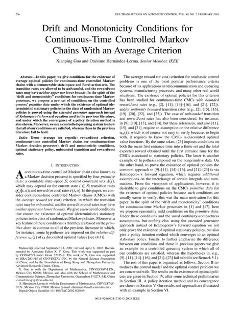 Pdf Drift And Monotonicity Conditions For Continuous Time Controlled Markov Chains With An