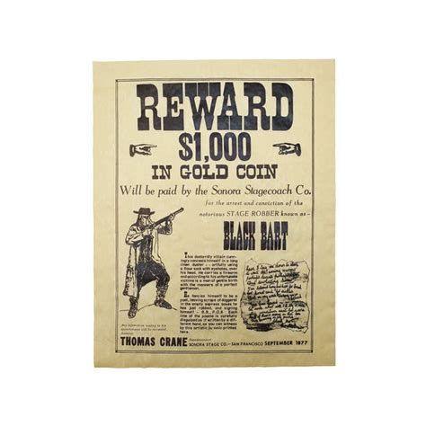 Black Bart Reward Wanted Poster Western Decor Parchment Paper Man Cave