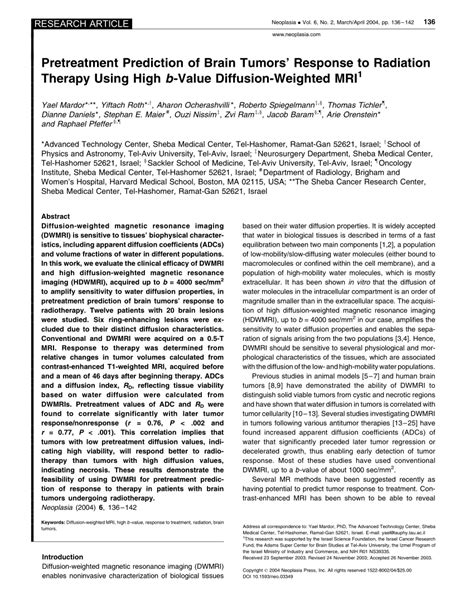 Pdf Pretreatment Prediction Of Brain Tumors Response To Radiation Therapy Using High B Value
