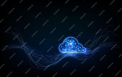 클라우드 기술 다각형 와이어프레임 클라우드 스토리지 기호에 진한 파란색 클라우드 컴퓨팅 빅 데이터 센터 미래 인프라 디지털 Ai 개념 가상 호스팅 기호 프리미엄 벡터