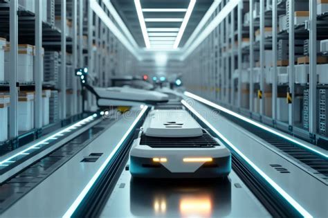 Robotic Conveyors Moving Through A Modern Warehouse With Automated Storage Systems In The