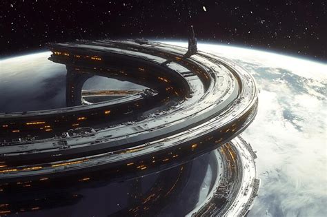 A Futuristic Space Station Orbiting A Planet Showcasing Advanced Technology And Design Premium