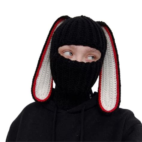 Knitted Rabbit Ear Beanie Hat Single Hole Warm Riding Ski Mask Double